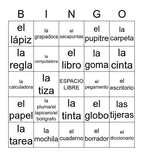 Los útiles escolares Bingo Card