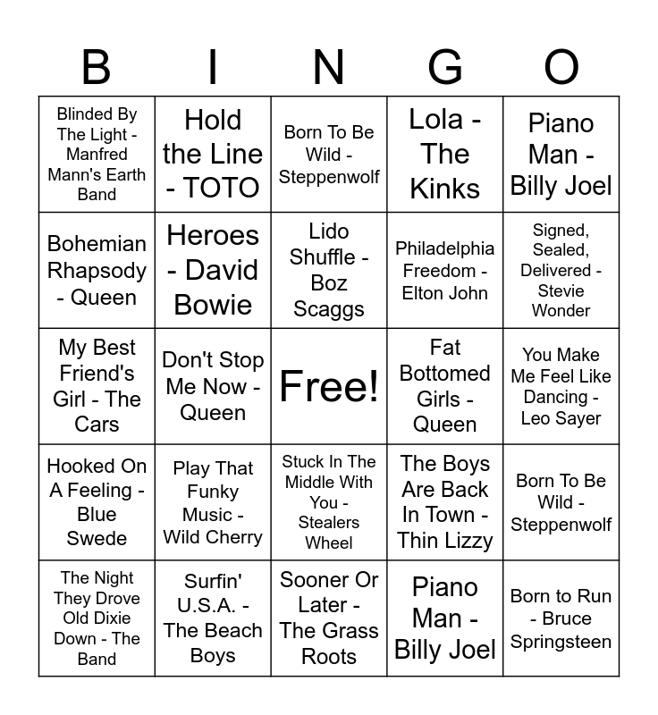 Music Bingo 60s and 70s Bingo Card