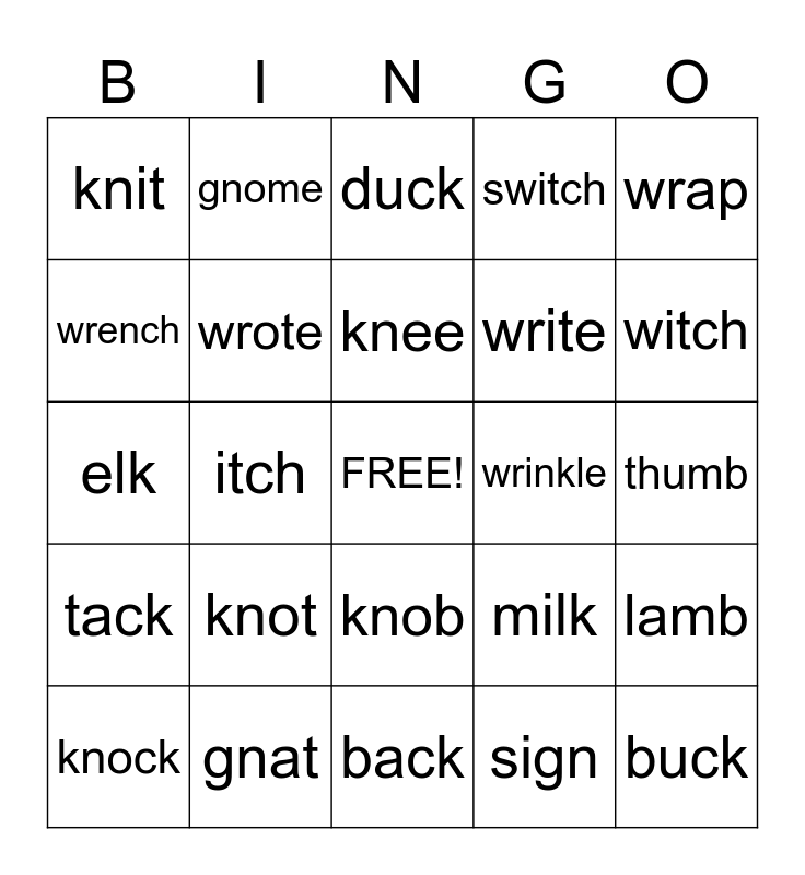 Silent Letter Bingo Card