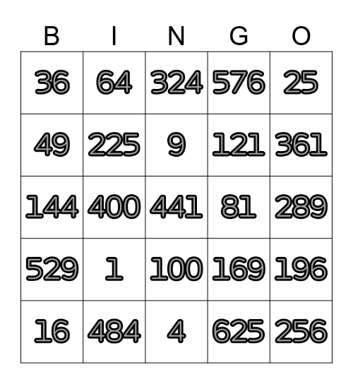 Squares and Square Roots Bingo Card