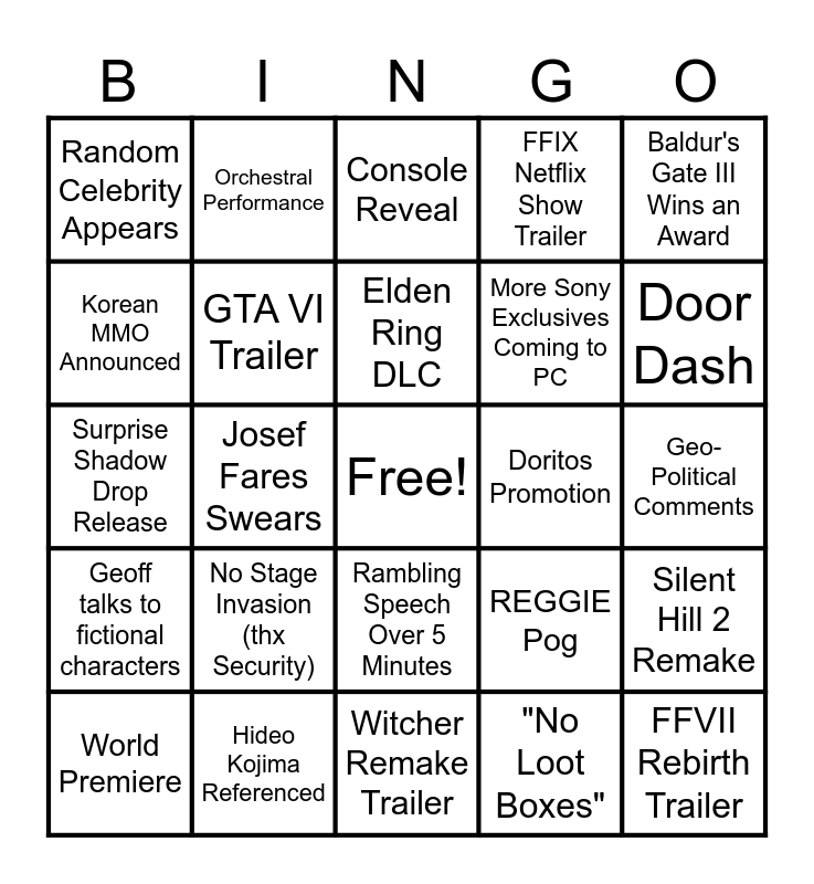 Video Game Awards 2023 (Fitz) Bingo Card
