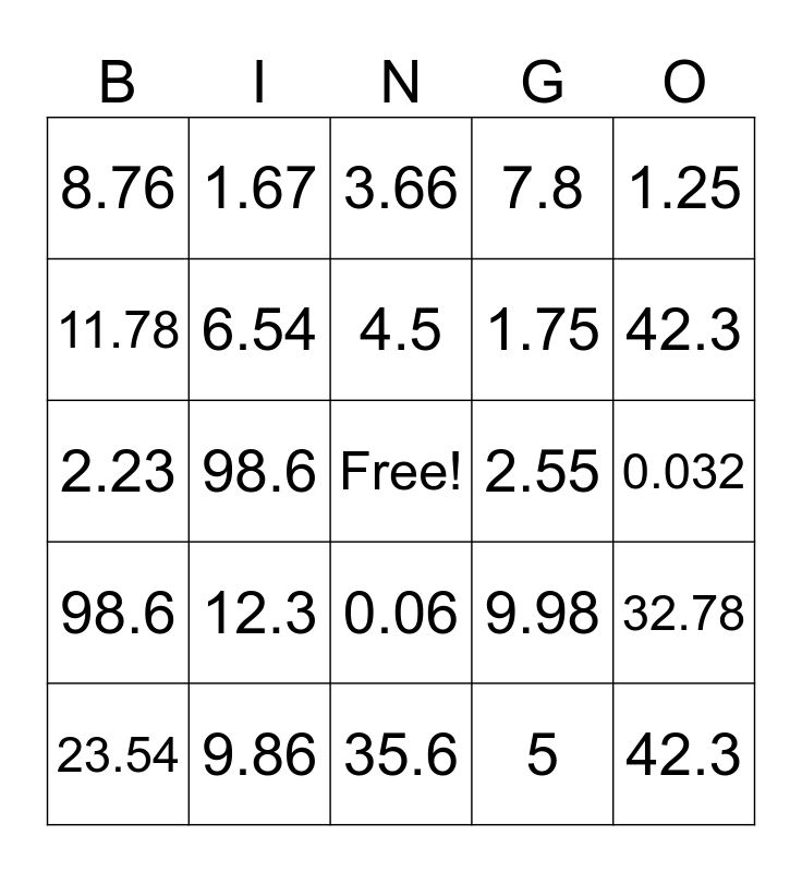 Decimal Operations Bingo Card