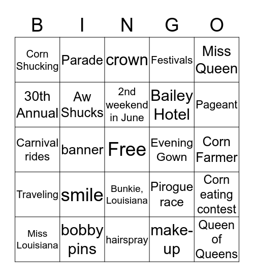 Corn Festival Bingo Card