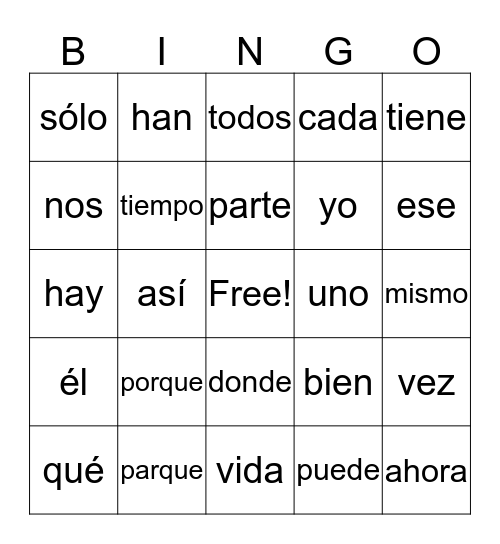 Palabras de Alta Frecuencia Bingo Card