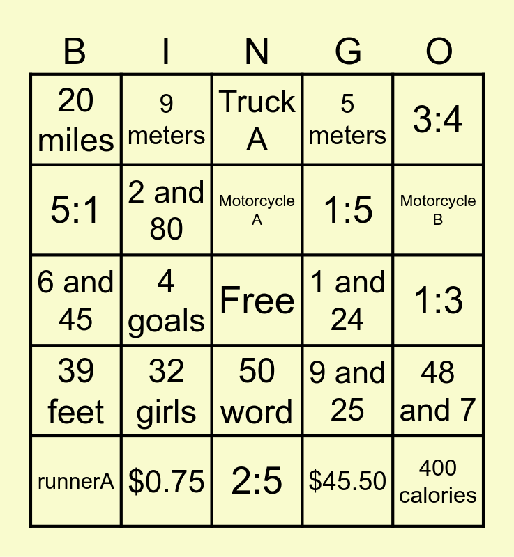 RATIOS AND RATES Bingo Card