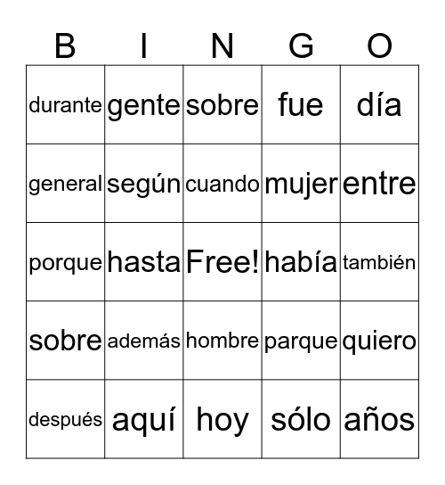 Palabras de Alta Frecuencia 2 Bingo Card
