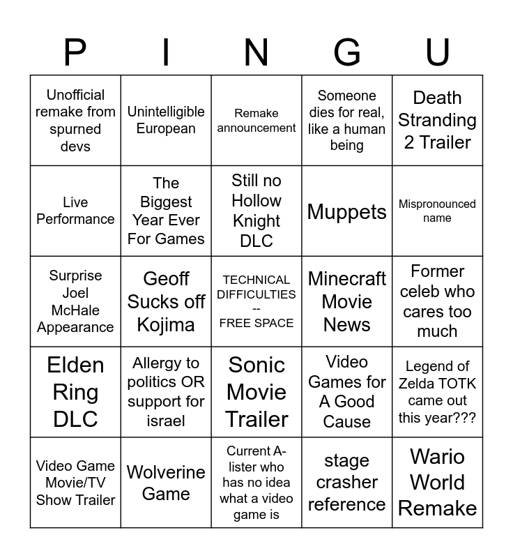 The Game Awards Pingu Bingu Bingo Card