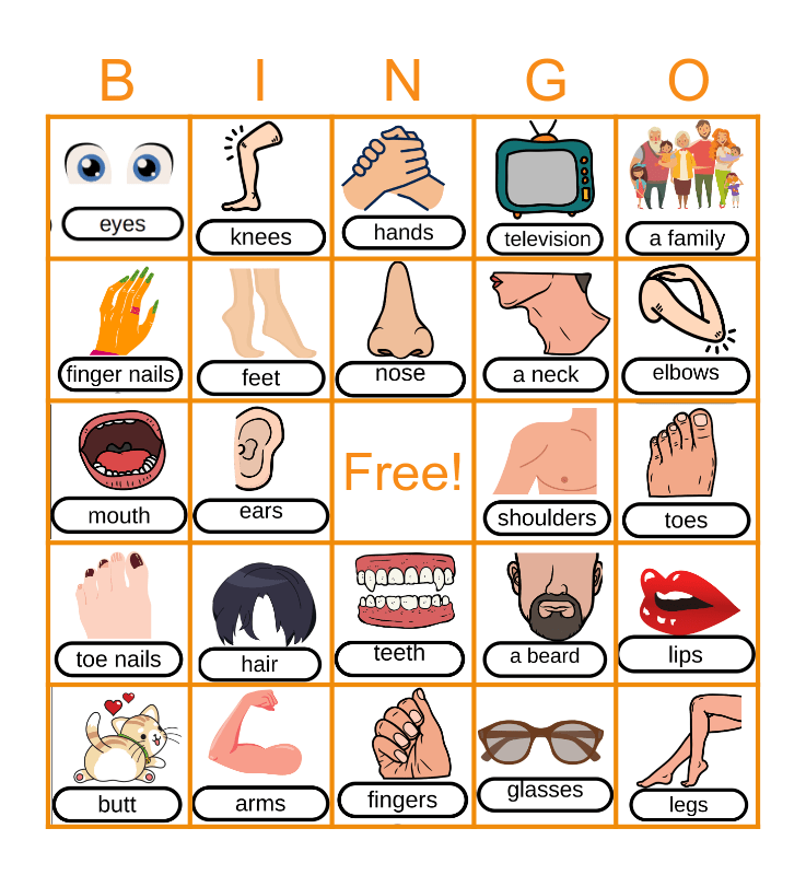 Body parts Bingo Card