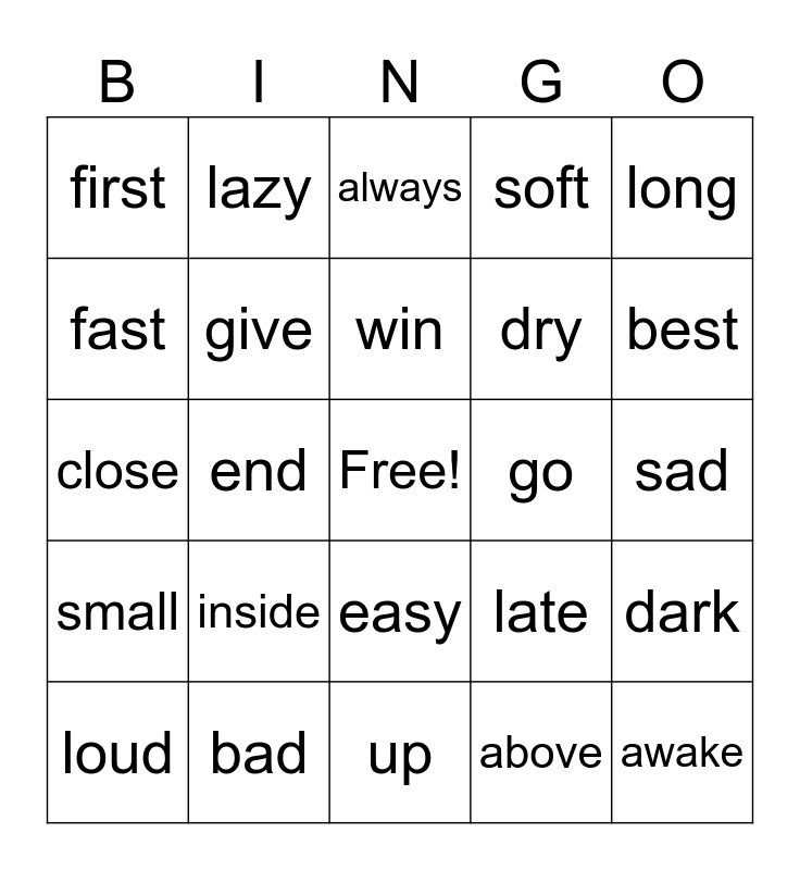Antonym Bingo Card