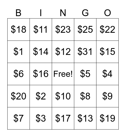 Dollar More Bingo Card