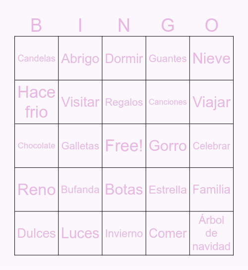 Winter Spanish Words Bingo Card