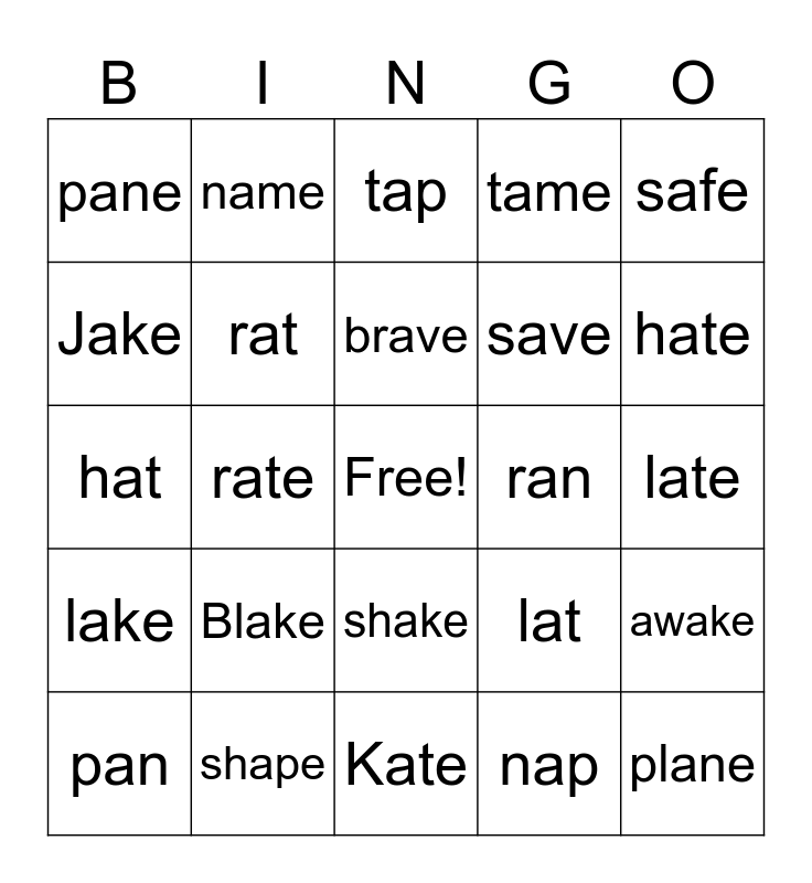 Magic E - short v long a Bingo Card
