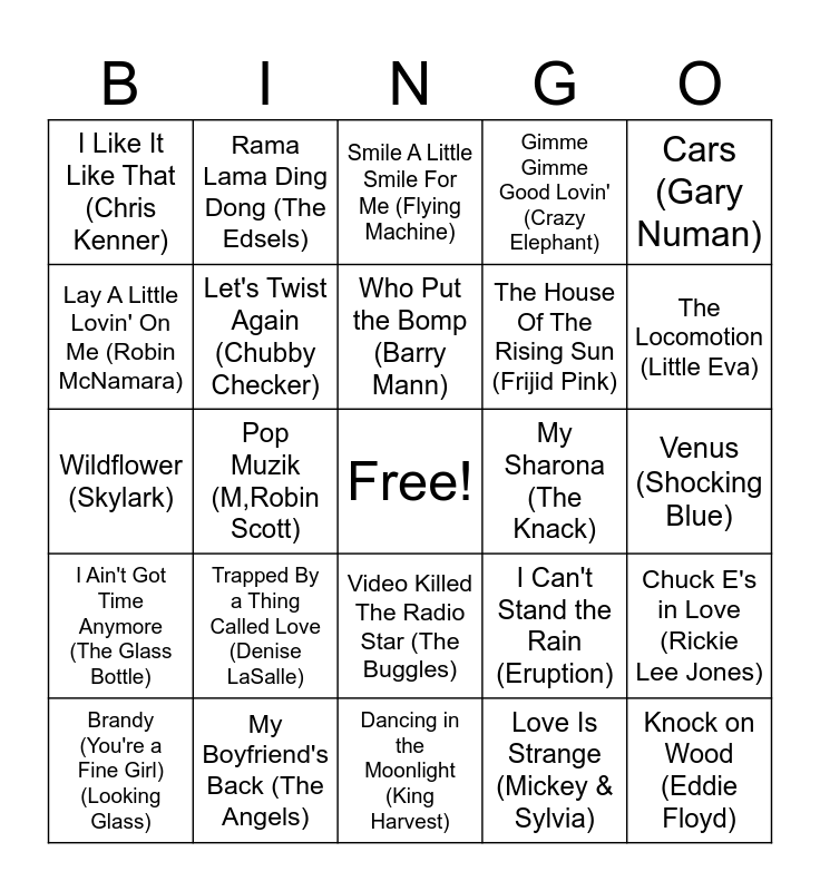 One Hit Wonders Bingo Card