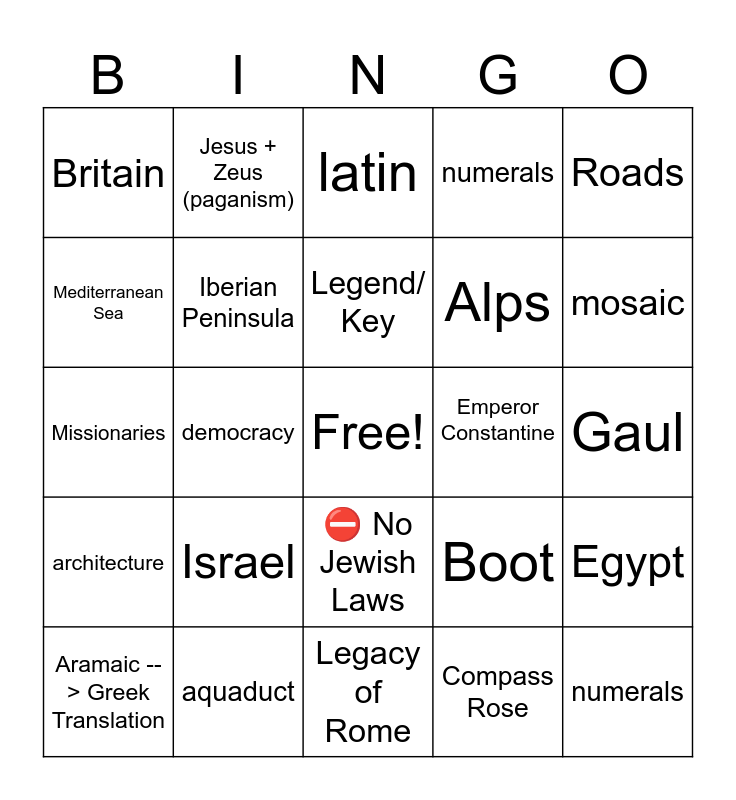 Christianity/Legacy of Rome/Map Bingo Card