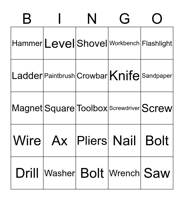 Tools Bingo Card