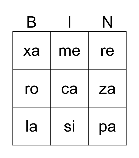 Kinder silabas Bingo Card