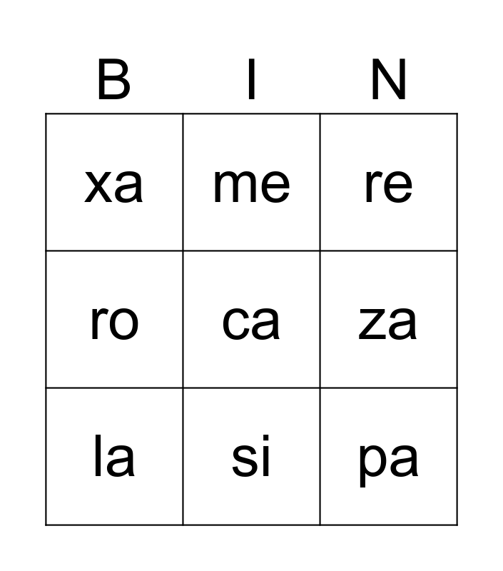 Kinder silabas Bingo Card
