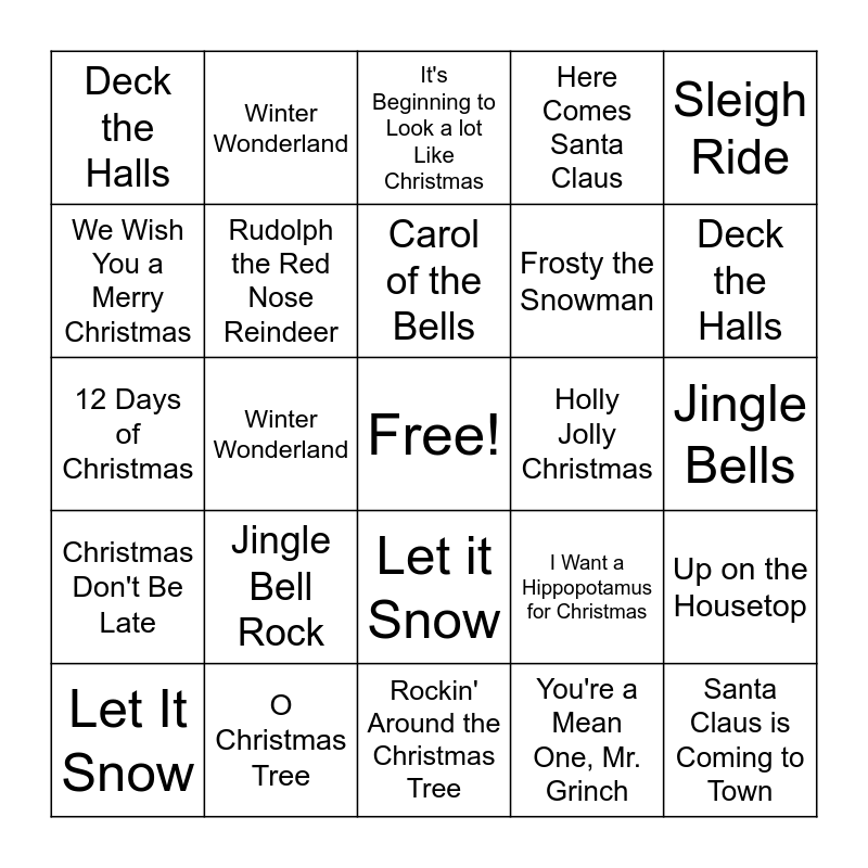 Christmas Music BINGO Card