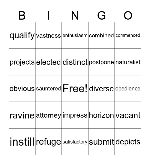 Unit 5 Reading Bingo Card