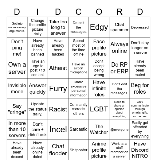DISCORD USER BINGO Card DISCORD USER BINGO Card