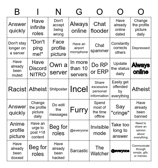 DISCORD USER BINGO Card DISCORD USER BINGO Card