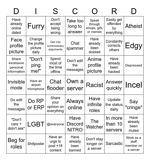 DISCORD USER BINGO Card DISCORD USER BINGO Card