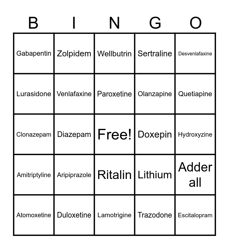 psychotropic drug bingo Card