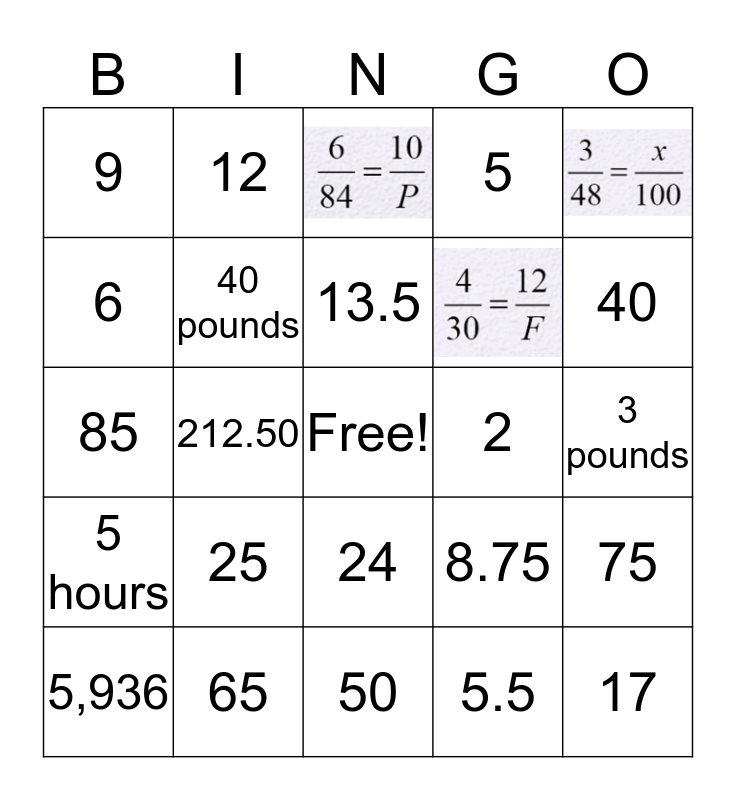 Proportions Bingo Card