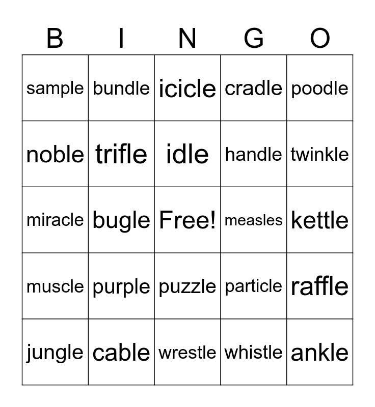 cle syllable Bingo Card