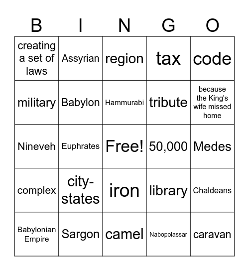 Mesopotamian Empires Bingo Card