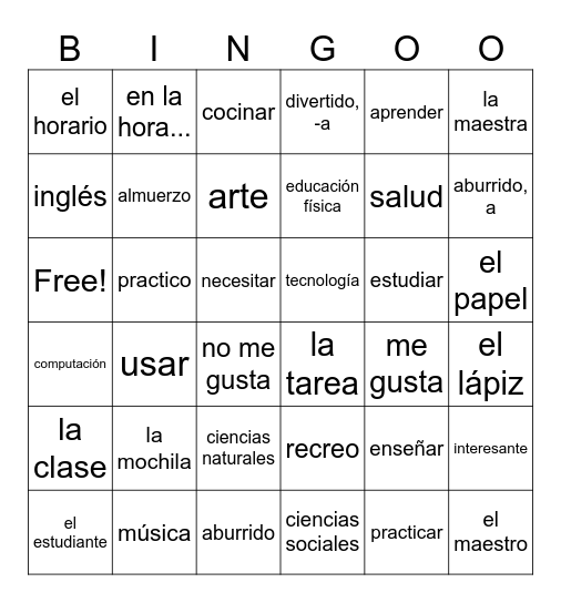 Vocabulary 2A - Tu día en la escuela Bingo Card