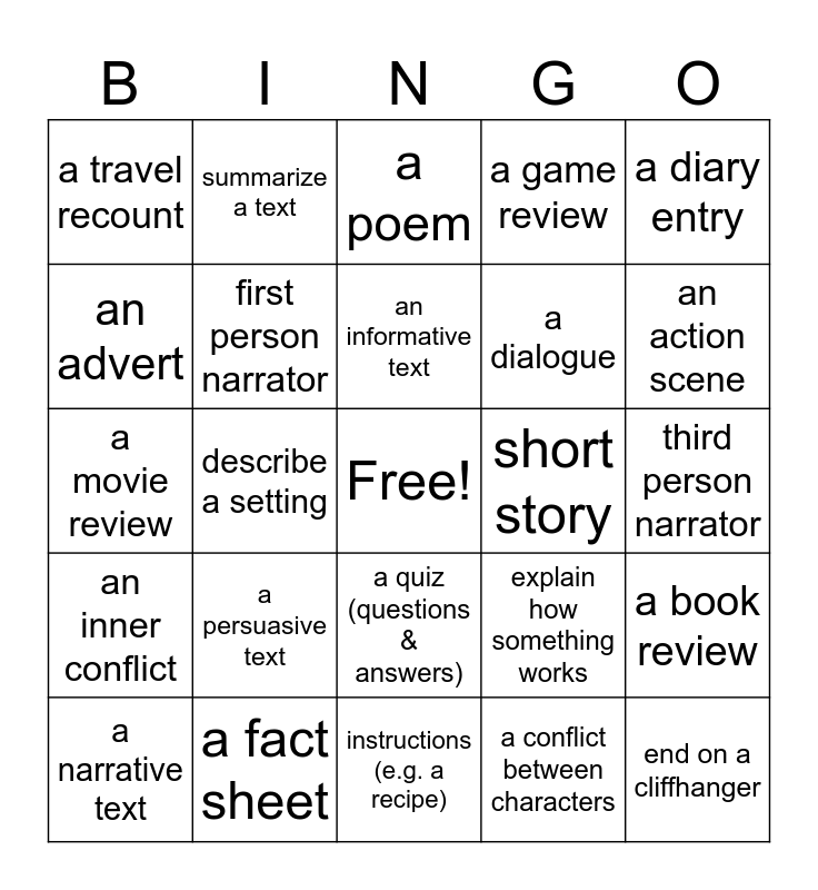 types of text Bingo Card