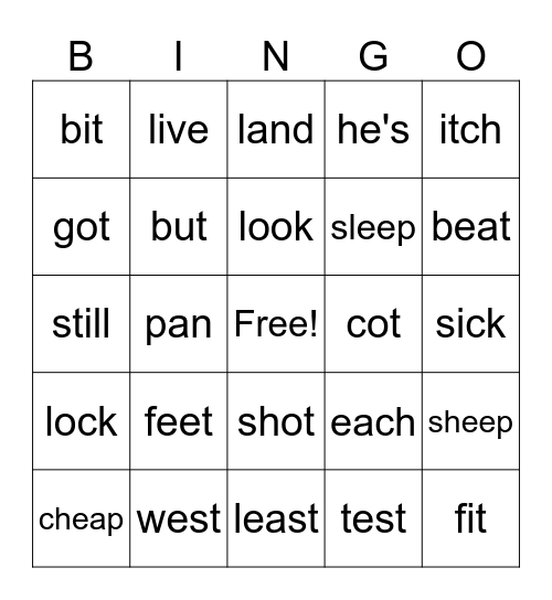 Vowel Sounds Bingo Card