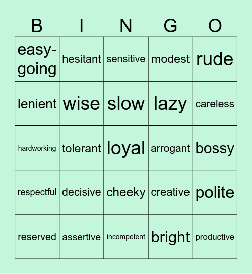 Personality adjectives Bingo Card