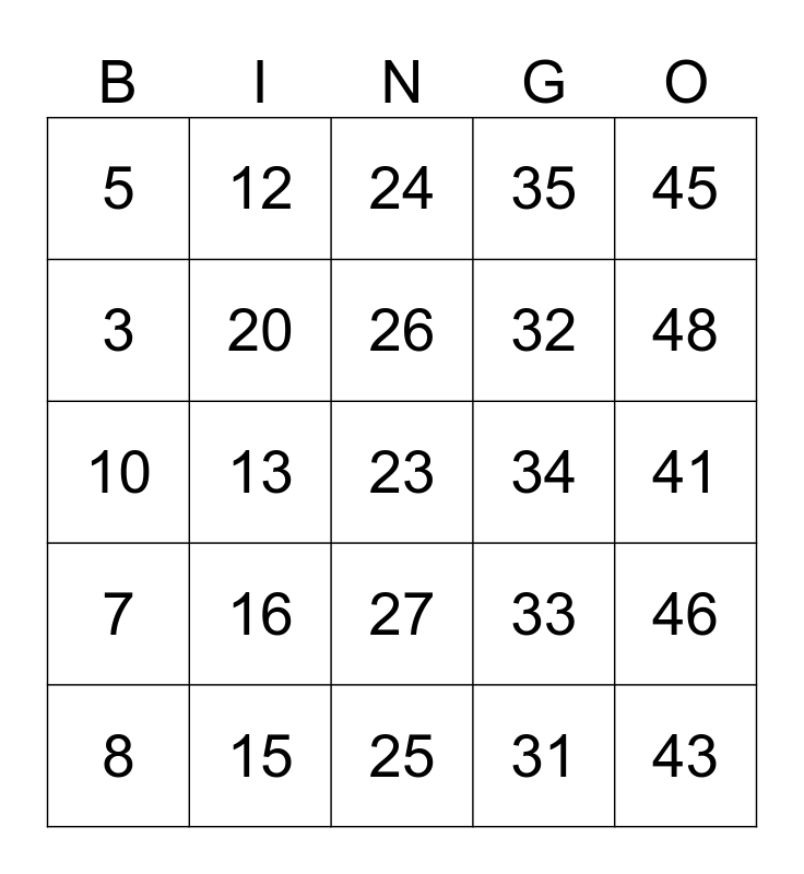 Upper Arm Bingo Card