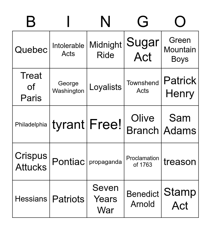 Road to Revolution Bingo Card