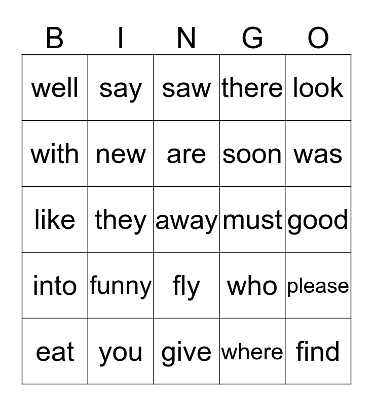 Kindergarten Sight Word Bingo Card
