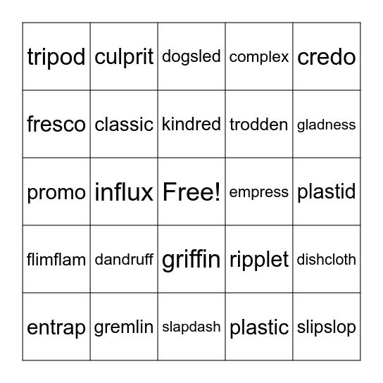 Beg. L, R, Blend - 2 Syllable Real Words Bingo Card