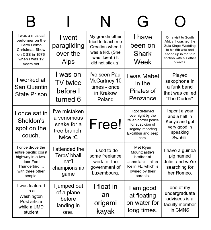 CMNS Staff/Faculty BINGO Card