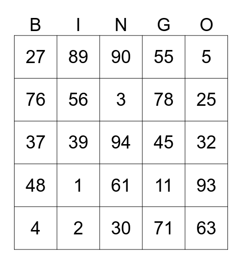 Numbers Bingo Card