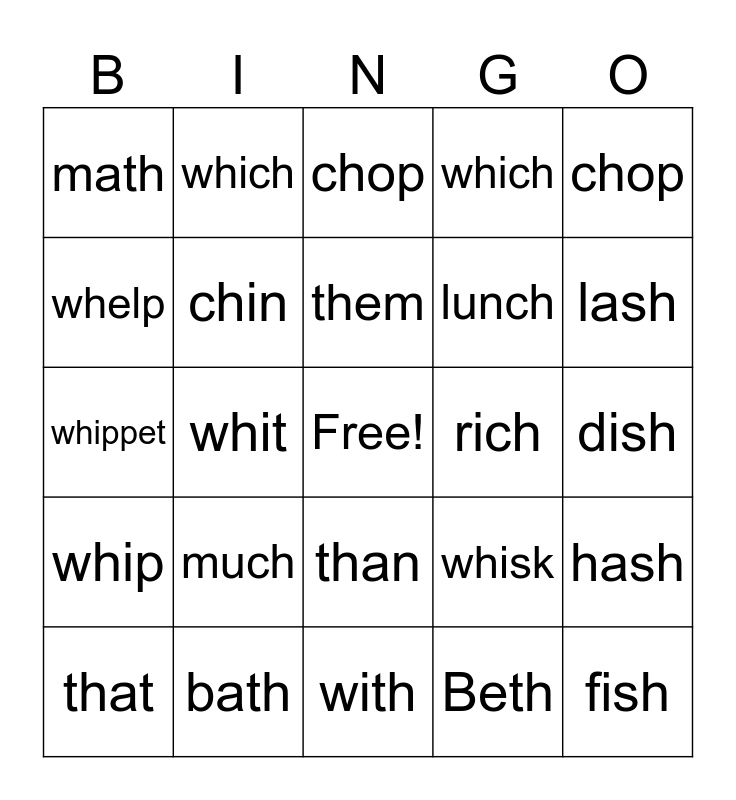 Digraph Bingo Card