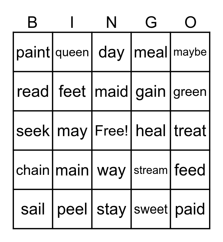 EE EA AI AY Words Bingo Card