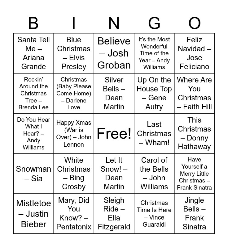 Holiday Music Bingo! Bingo Card