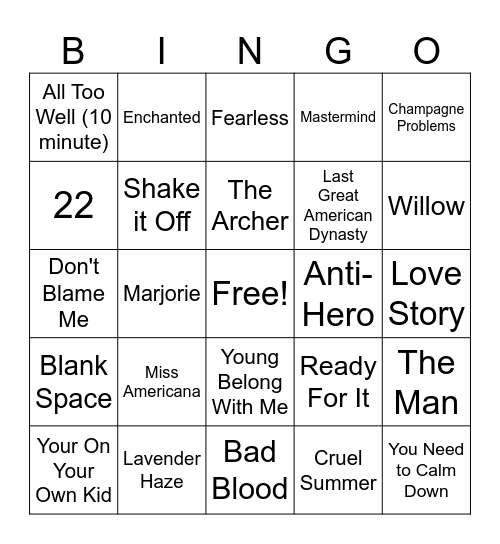 Taylor Swift - Eras Tour Bingo Card