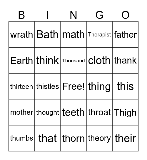 TH Words Bingo Card