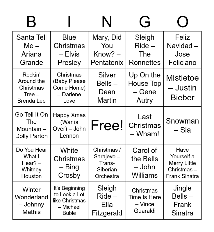 Holiday Music Bingo Card