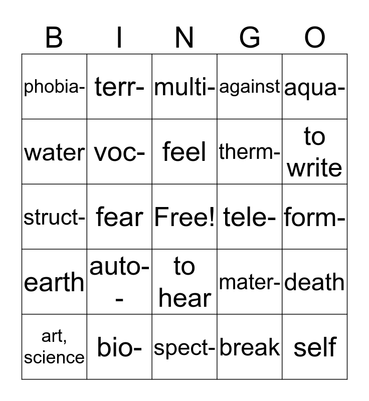Root Word Bingo Bingo Card