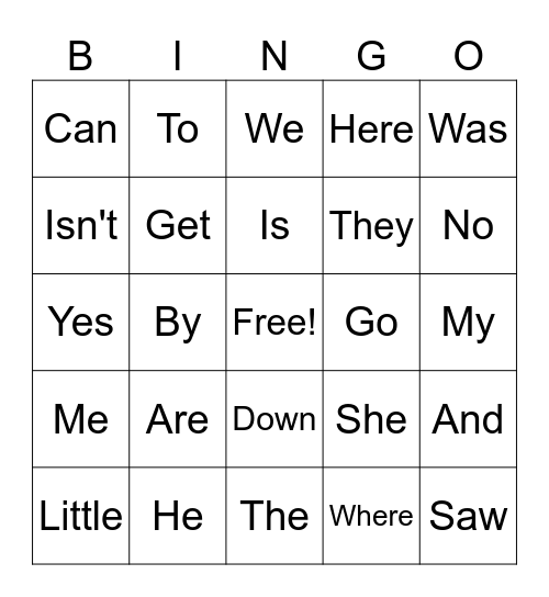 Site Word Bingo Card