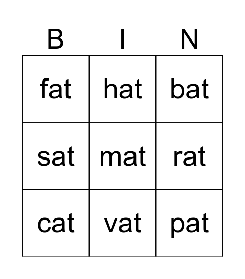 Short /a/ CVC word Bingo Card