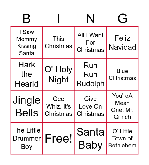 Christmas Carol Bingo Card